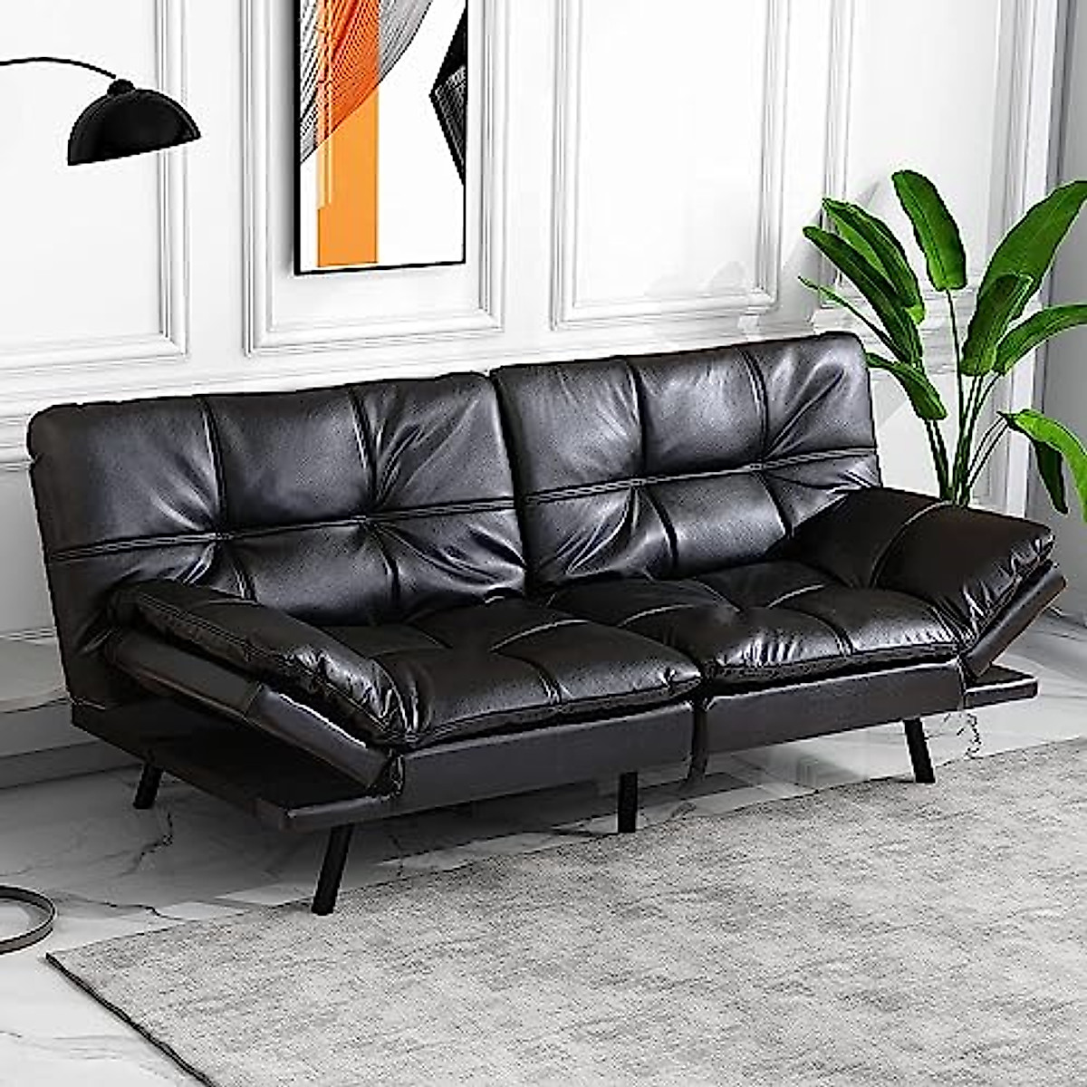 IULULU Futon Sofa Bed Faux Leather Couch with Adjustable Armrests, Modern Industrial Sleeper Daybed for Small Spaces, Living Room, Compact Apartment, Office, House, Condo, Loft, Bungalow, Black