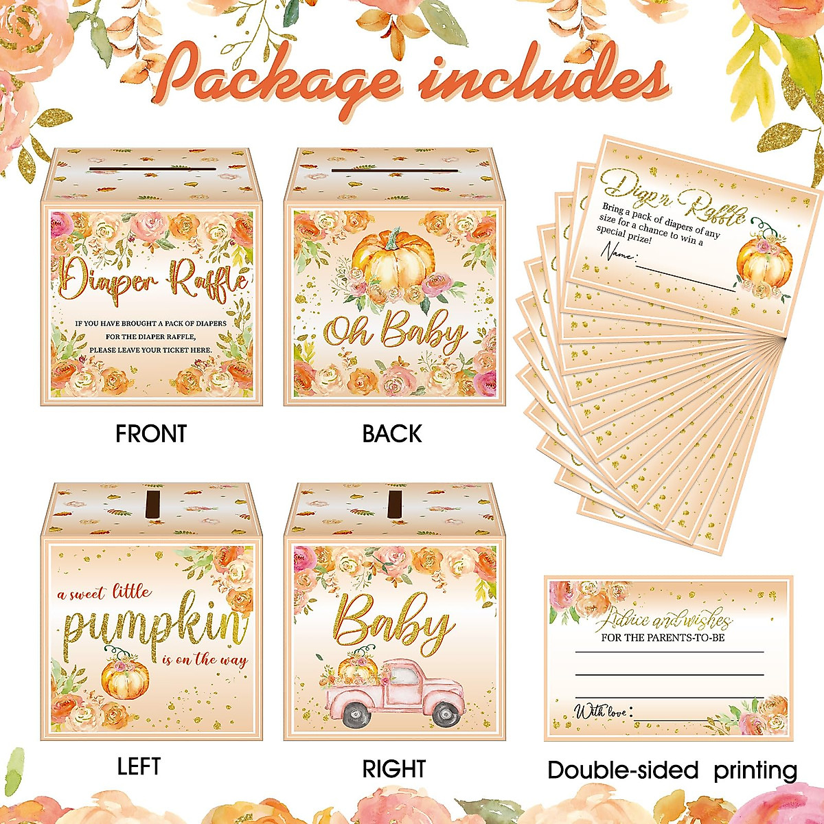 Teling 51 Pieces Diaper Raffle Tickets with Diaper Raffle Card Box Baby Shower Decorations Baby Shower Holder Box for Girl Boy Diaper Raffle Party(Pumpkin)