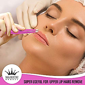 Slant Tweezers for Women and Men – Splinter, Ticks, Facial, Chin Hair, Brow and Ingrown Hair Removal Set – Sharp, Needle Nose, Stainless Steel, Surgical Precision Pluckers Majestic Bombay