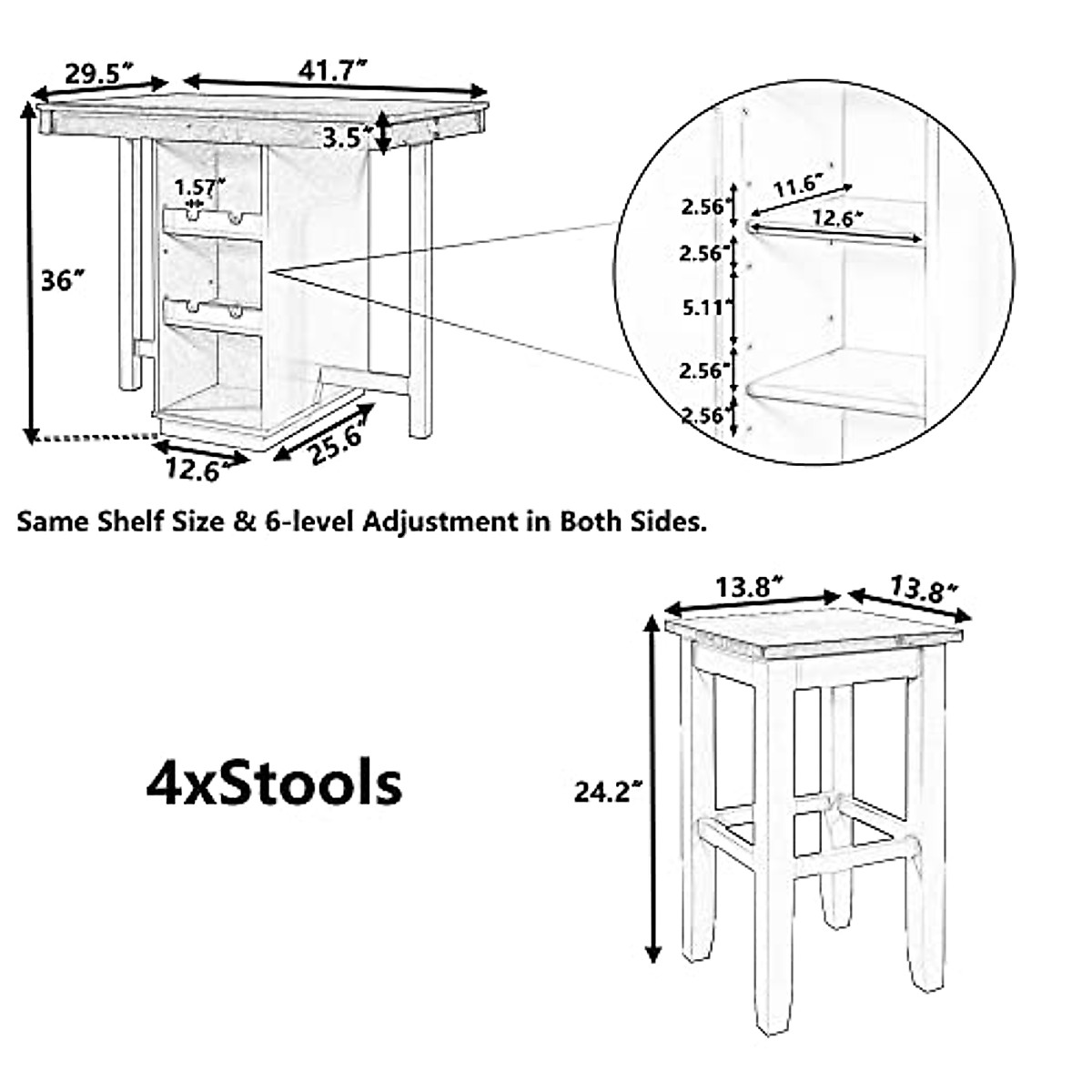 Merax 5 Pieces Dining Table Set, Farmhouse Wood Counter Height Dining Set, Kitchen Table with 3-Tier Adjustable Storage Shelves, Wine Racks and 4 Stools (Brown and Blue)