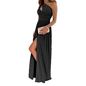 LYANER Women's One Shoulder High Split Cutout Sleeveless Elegant Party Maxi Dress Pure Black Medium