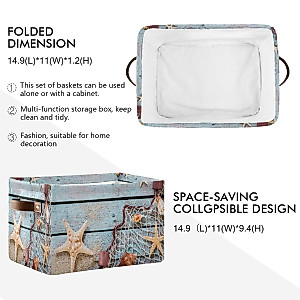 AUUXVA Summer Beach Sand Storage Basket Bin Rustic Wooden Starfish Large Fabric Toys Storage Cube Box with Handles Collapsible Closet Shelf Cloth Organizer Basket for Nursery Bedroom Bathroom