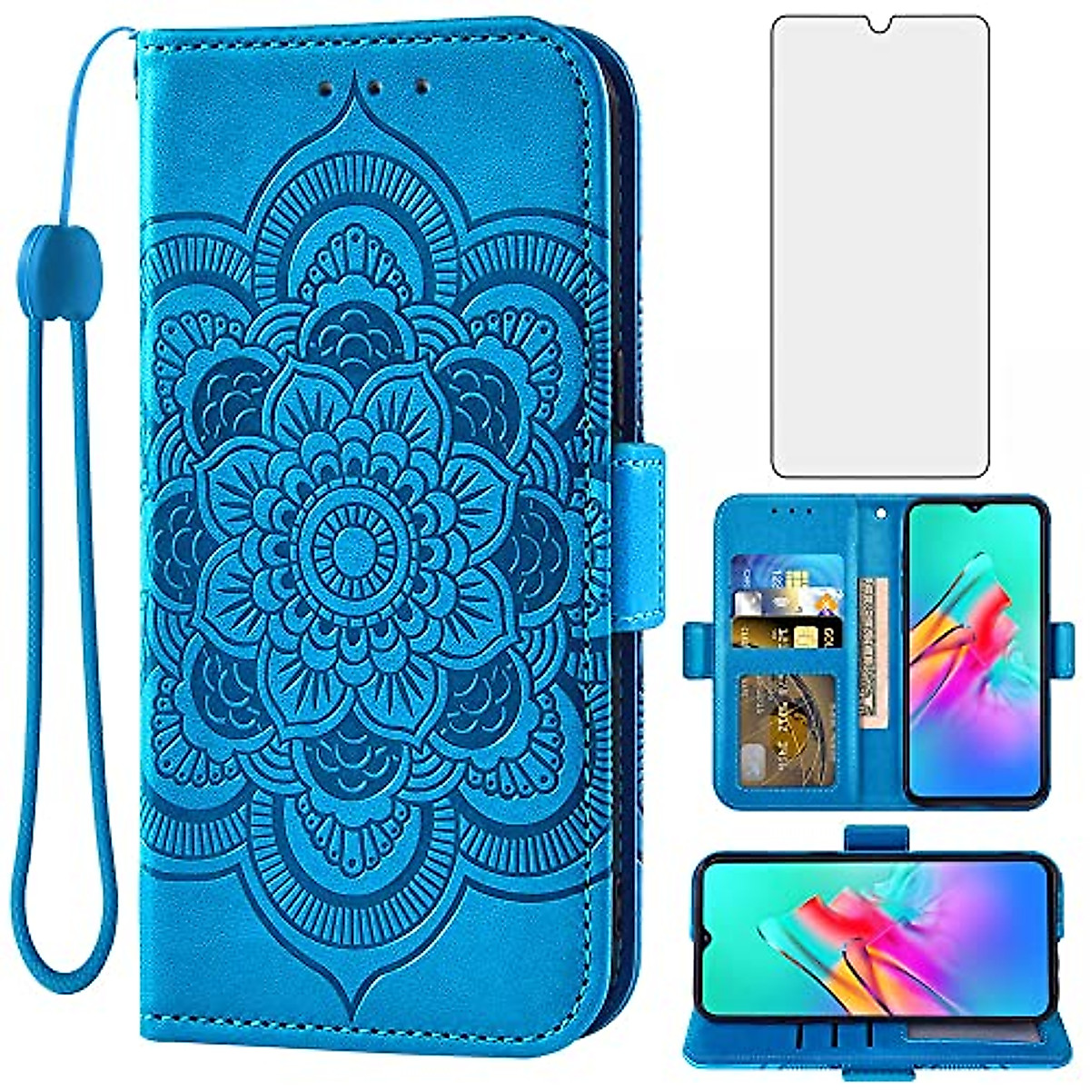 Asuwish Phone Case for Infinix Smart 5/Hot 10 Lite Wallet Cover with Tempered Glass Screen Protector and Leather Flip Credit Card Holder Stand Flower Folio Purse Cell Accessories X657B Women Men Blue