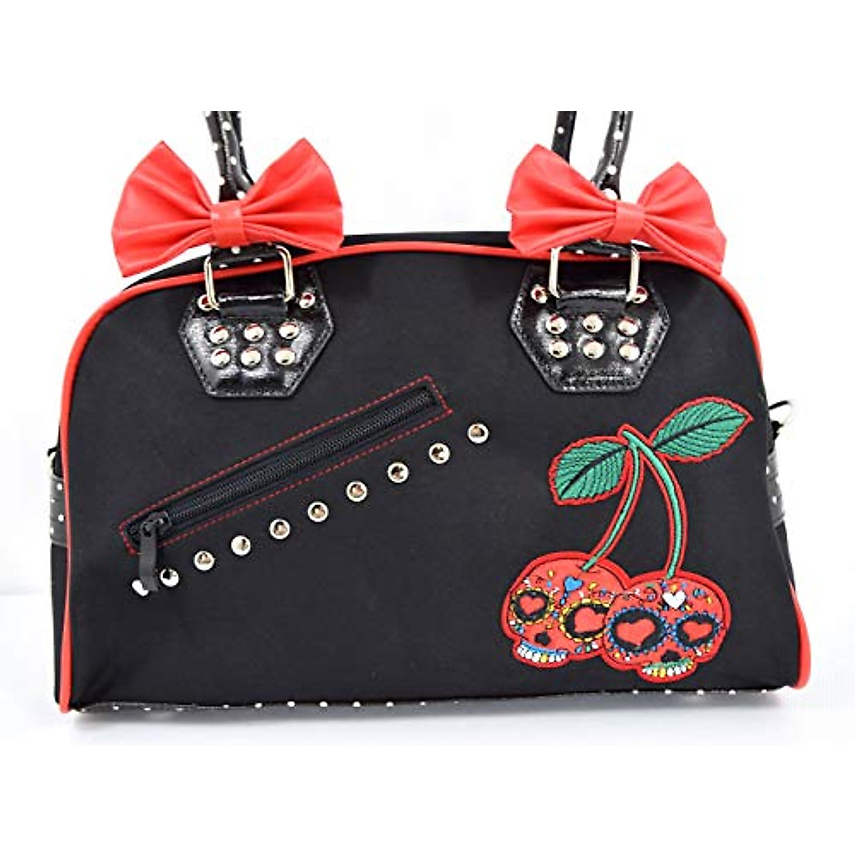 Lost Queen Cherry Bomb Skull Cherries Polka Dot Bow Handbag Rockabilly Black Red