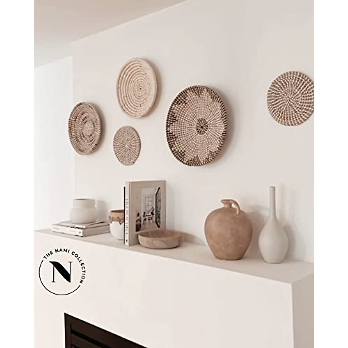 TheNamiCollection Five Seagrass Baskets Set | Hanging, Decorative, Boho Styled Perfect For Trendy, All Natural Home Wall Decor | Handmade, Round, Woven