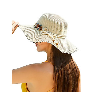 Verdusa Women's Scalloped Wide Brim Straw Sun Hats Boho Beaded Beach Hat Beige One-Size