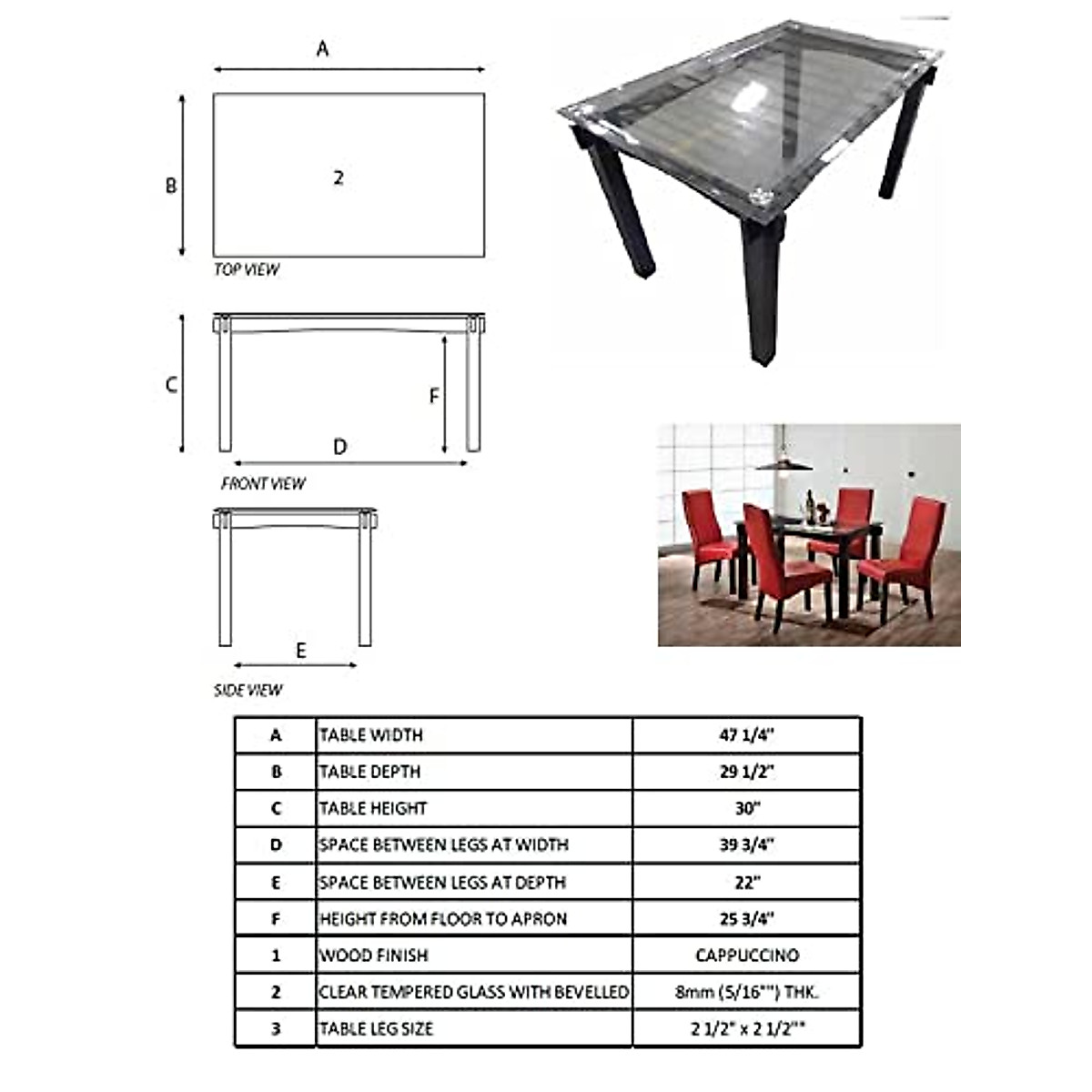 Pilaster Designs Indoor Home Decorative Furniture Eugene 47" Rectangular Dining Table, Cappuccino Wood & Beveled Glass Top