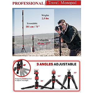 IFOOTAGE 71" Carbon Fiber Monopod Cobra 3 C180F, Camera Monopod Lightweight for Travel, Professional Video Monopod with Tripod Base, Max Load 10KG
