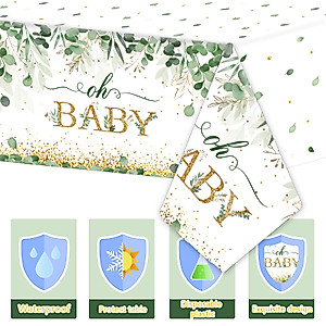 3 Pieces Sage Greenery Oh Baby Tablecloths for Baby Shower Party Decorations Plastic Disposable Gold Foil Eucalyptus Leaf Table Covers for Rectangle Tables Sage Boho Woodland Neutral Party Supplies