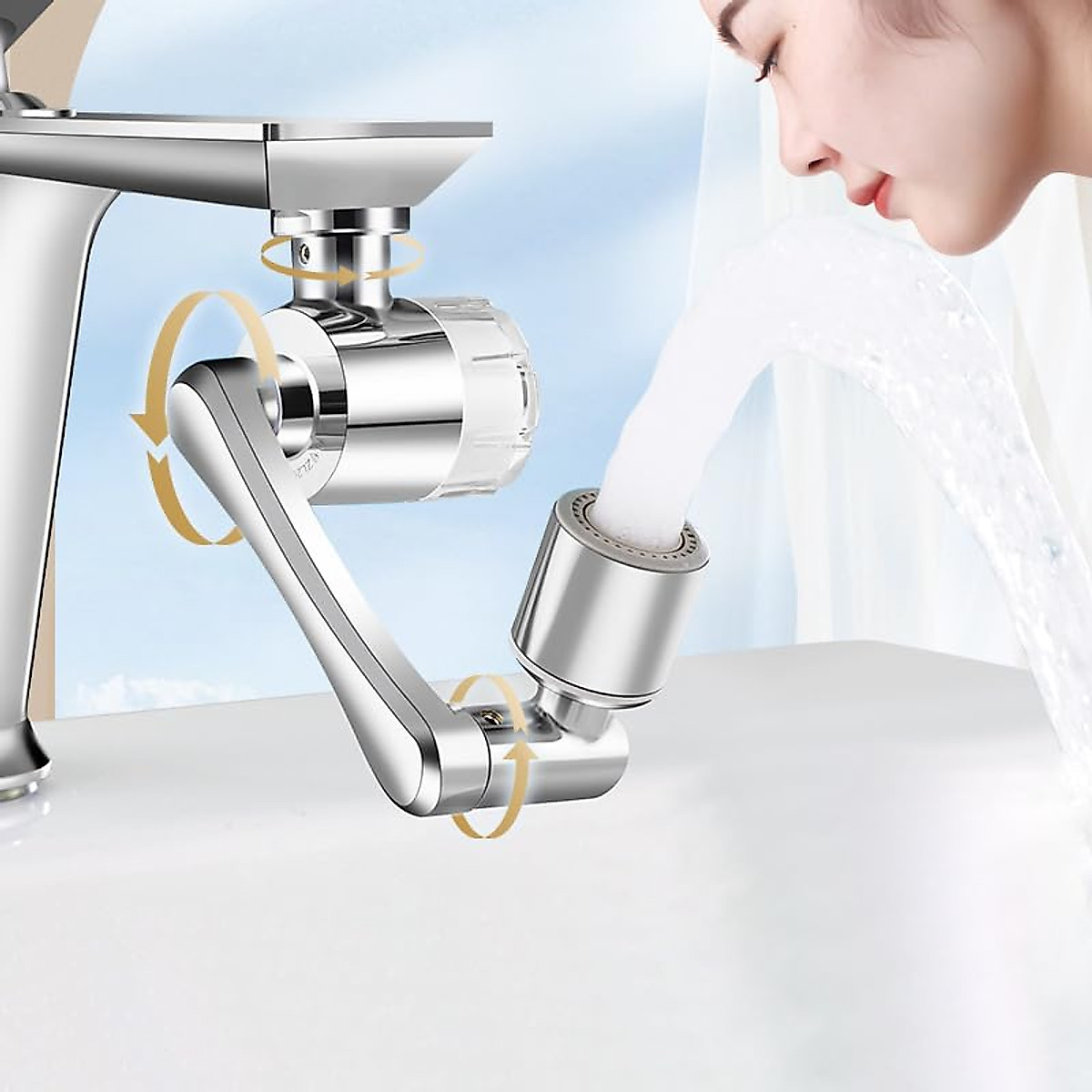 NIXTIDRA 1080° Rotating Faucet Extender with PP Cotton Filters, 2 Modes Swivel Robotic Arm Sink Aerator for Kitchen/Bathroom, 20mm/22mm Female and 24mm Male Thread Connection, Silver