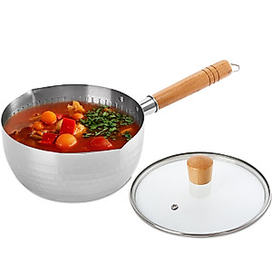 DEAYOU Stainless Steel Saucepan with Glass Lid, 2 Quart Yukihira Sauce Pan with Wood Handle, Traditional Japanese Snow Pan Pot with Two Side Spouts for Cooking, Noodles, Soups, Hot Milk, 8"