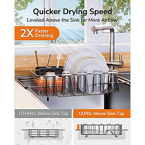 ULG Dish Drying Rack Kitchen Sink Dish Drainer Stainless Steel in/Over The Sink Drying Rack for Dishes Plates Glasses Silverware with Cup and Cutlery Holders Quick Drying Arms Extendable, Medium Size