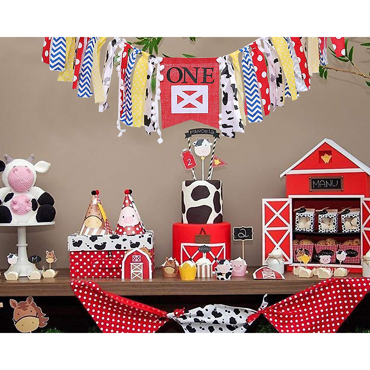 WAOUH Farm High Chair Banner for 1st Birthday - First Baby Birthday Party Theme Decoration, Fabric Garland Cake Smash Photo Prop,Birthday Souvenir and Gifts (Red Birthday Banner)