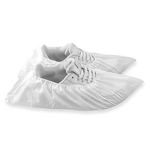 Greenour Shoe Covers Disposable for Indoors Pack of 100 (50 Pairs) Waterproof CPE Booties Shoes Protectors Coverings Fits Up to Size 11 US Men and 13 US Women White Large