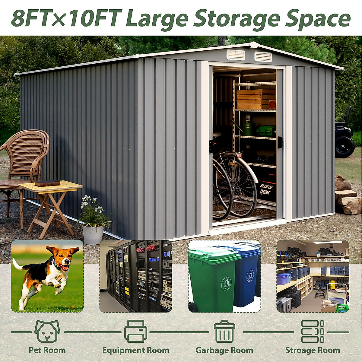 Evedy Outdoor Shed - 10 x 8 FT Storage Sheds Galvanized Metal Shed with Slide Door, Tool Storage Backyard Shed Bike Shed, Tiny House Garden Tool Storage Shed for Backyard Patio Lawn