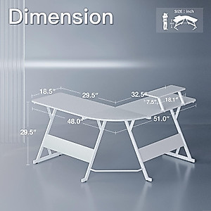 MOTPK White L Shaped Gaming Desk, 51 Inch Gamer Desk Gaming Table with Carbon Fiber Texture, Corner Computer Desk L Shape with Monitor Stand & Cup Holder & Headphone Hook, Gift Ideas