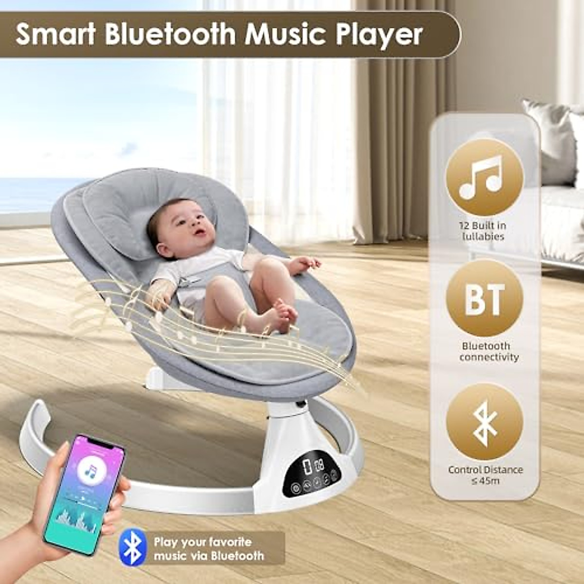 Ixdregan Baby Swings for Infants - Exclusive App & Bluetooth Electric Baby Swing, Smart Sensor&Timing, 5 Speeds, 12 Preset Lullabies and Back-Up Pillow, Portable Baby Swing for Indoor/Outdoor(Grey)
