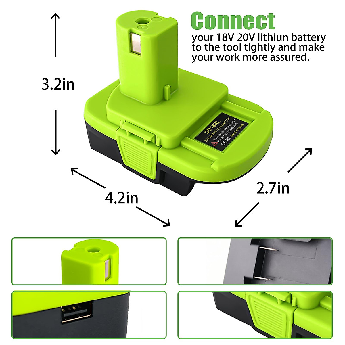 URUN DM18RL Battery Adapter for Dewalt 20V to Replace for Ryobi P108 P109 Battery, for Milwaukee M18 18V Battery Convert for Ryobi 18V Power Tools with USB Port-Green (No Battery)