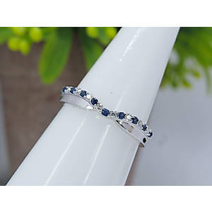 Dazzlingrock Collection Round Blue Sapphire & White Diamond Anniversary Wedding Contour Guard Band in 14K White Gold, Size 7