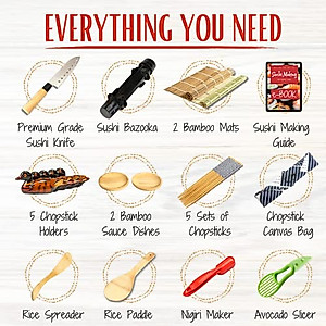 Sushi Making Kit - Premium Kanpeki Living 22 Piece Sushi Set With Chef Knife, Bamboo Mat, Bazooka Roller, Rice Mold Rice Paddle and Spreader Chopsticks eBook DIY Sushi Maker Kit for Beginners and Pros