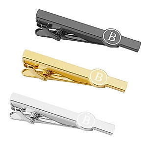 Dannyshi Tie Clips for Men, Black Gold Silver 2.1inch Initial Alphabet Letter Tie Clip Bar Set (B)
