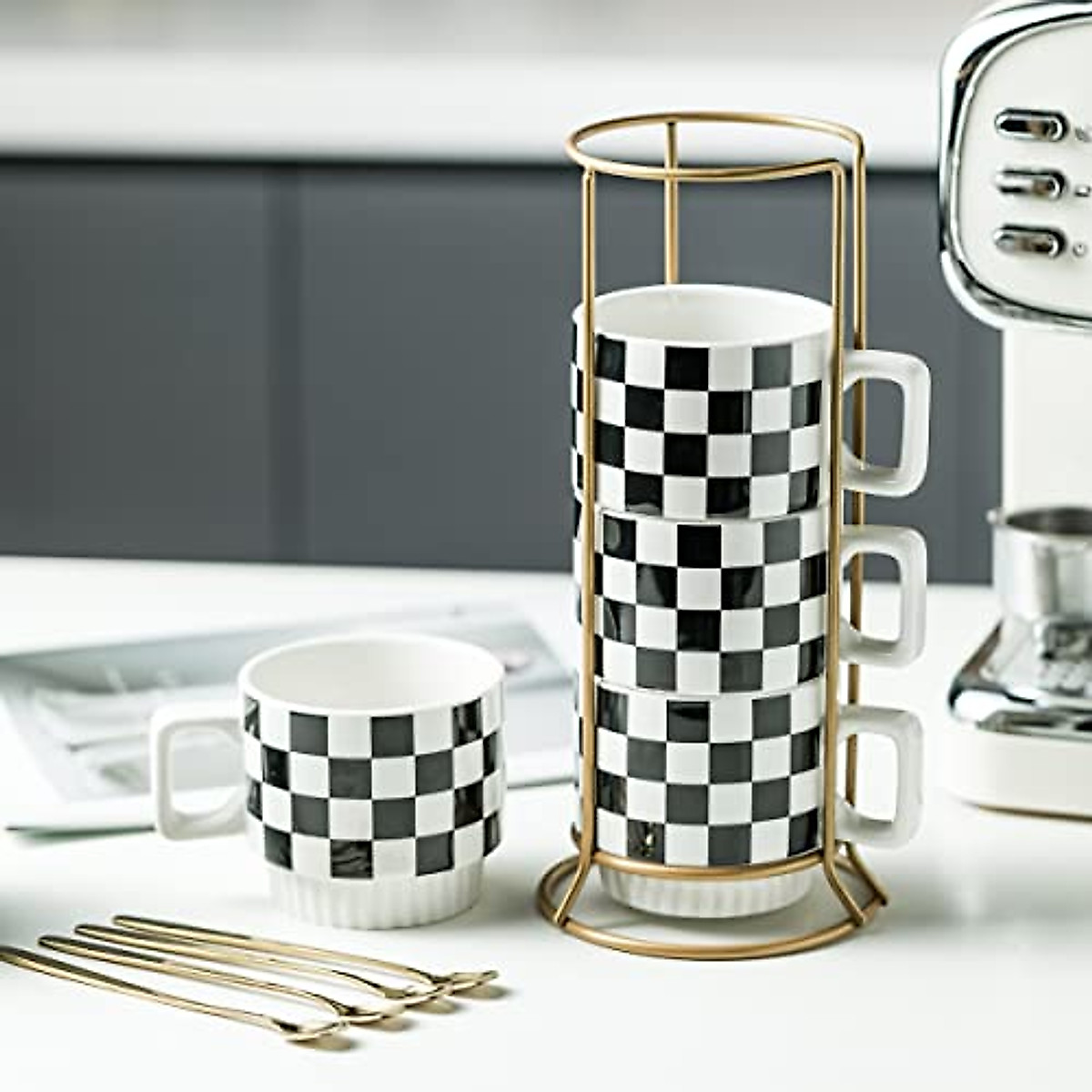 Miamolo Stackable Coffee Mug Set of 4 with Rack 11 oz Tea Cup Set with Tea Spoon Perfect for Coffee, Tea, Cocoa, Milk Chessboard Black and White Pattern Coffee Mug as Christmas Gifts