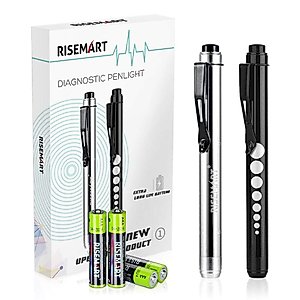 RISEMART Pen Light, Nurse Led Medical Penlight with Pupil Gauge for Nursing Students Doctors Black and Silver with Batteries