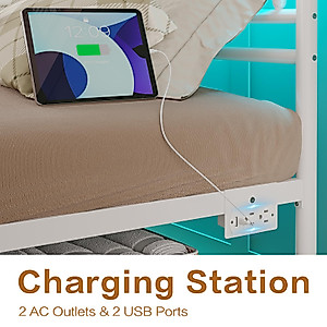 PUNICE Bed Frame Twin Size with Charging Station, LED Bed Frame with Victorian Style Iron-Art Headboard/Footboard, Under-Bed Storage, No Box Spring Needed, Easy Assembly, White