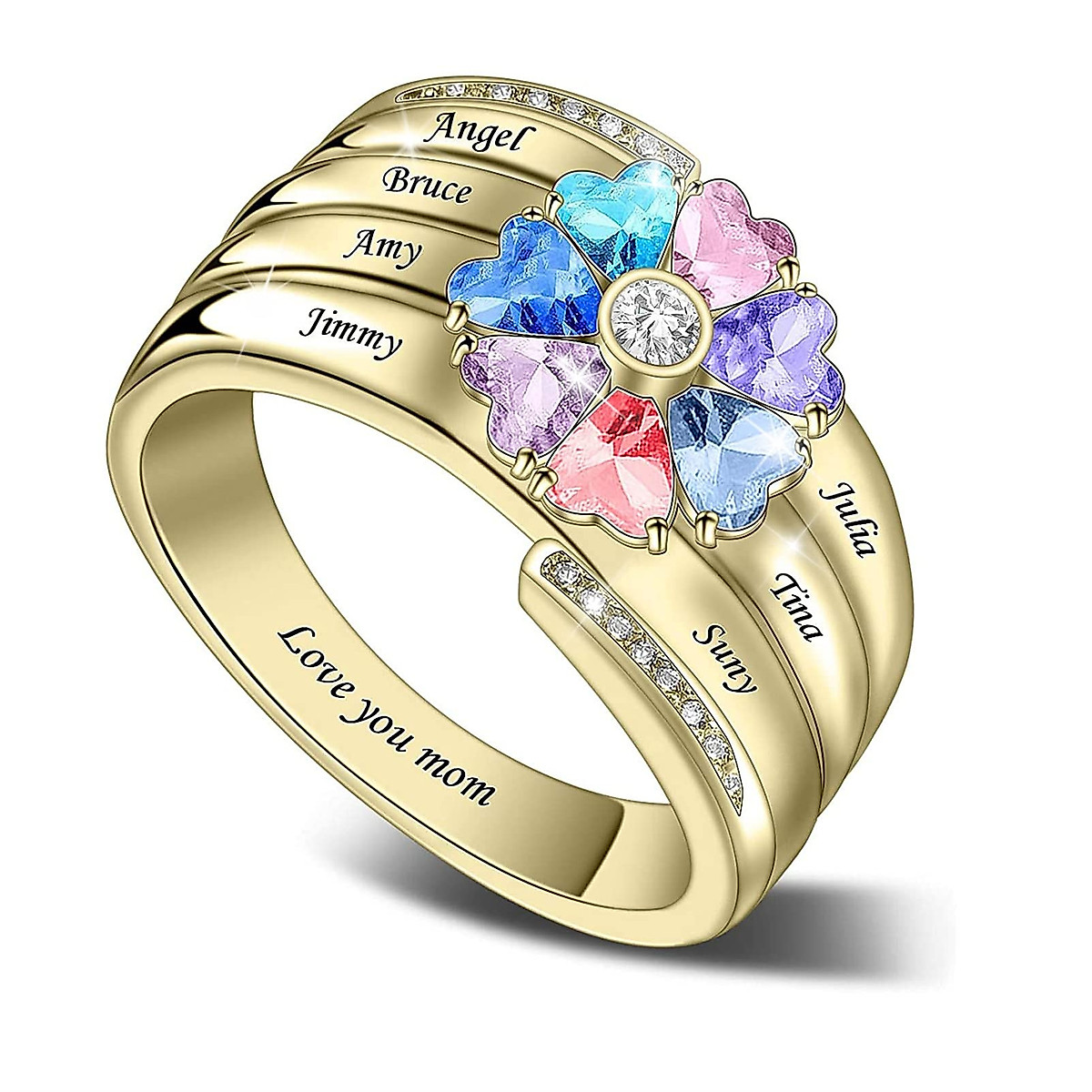 BAUMA AUTO Personalized Womens Ring with 2-8 Birthstones & Custom Names Sterling Silver Mother Ring Anniversary Rings for Mother's Day Women Grandma Wife (7 Name)
