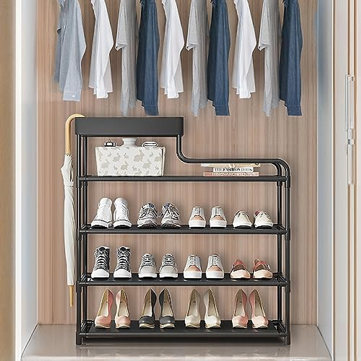 GNQJDC 4-Tier Shoe Rack Metal Shoe Organizer with 4 Fabric Shelves and Top Storage Basket Sturdy Durable Shoe Shelf for Closet Entryway Balcony Bedroom