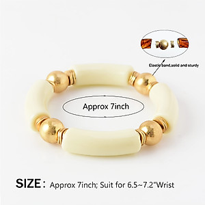 LALAPPLE Gold Plated Beaded Acrylic Bamboo Tube Bangle Bracelets for Women, Colorful Chunky Curved Tube With Gold Pieces Beads Stretch Bracelet Friendship Summer Beach Jewelry (A-Ivory)