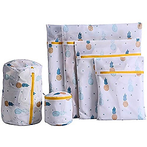ChezMax Fine Mesh Printing Laundry Bags Set Durable Clothes Washing Bags with Zipper Lock for Laundry Blouse Bra Hosiery Stocking Underwear Lingerie 6PCS Yellow Pineapple