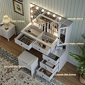 Diwnnue Farmhouse Mirror Large Vanity Desk with LED Bulbs, Makeup Vanity Table Set with Glass Tabletop, Charging Station & Power Outlet, Adjustable Lighting Modes, Bedroom, White