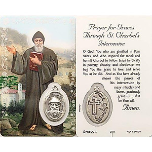 VILLAGE GIFT IMPORTERS Premium assorted Holy Cards with Medal | Catholic Saints and Prayers with medals (St. Charbel's Intercession)