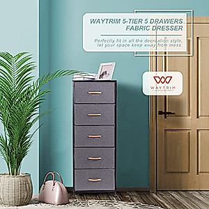 WAYTRIM Vertical Dresser Storage Tower with 5 Drawers, Fabric Organizer Dresser Tower for Bedroom, Hallway, Entryway, Closets - Charcoal