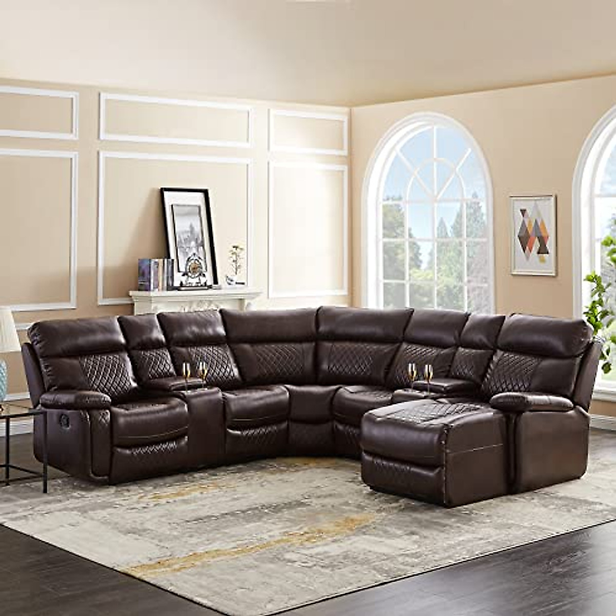 DHHU Living Room Leather Motion Sectional Sofa, PU L Shape Symmertrical Cup Holder and Storage Box, Leathaire Corner Couches Modern Reclining Sofá, Brown