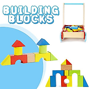 Pitpat Wooden Baby Walker with Building Blocks for 1 Year Old and up, Wooden Push Toy for 12 Month, Wooden Cart with Blocks(35 PCs)