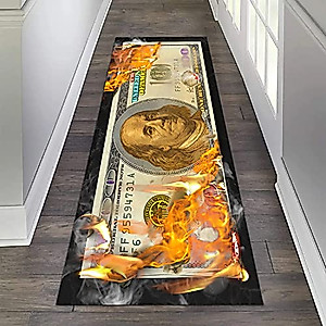 Money Rug Burning 100 Dollar Bill Runner Rugs Cool Rug Black Area Rug Non Skid Laundry Room Rug Floor Decor Carpet Indoor Mat Long Rugs for Hallway Bedroom Bathroom Living Room Office 60"x24"