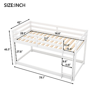 BIADNBZ Twin Over Twin Low Bunk Bed for Kids Teens Bedroom, Floor Wooden Bedframe with Built-in Ladder, Twin Size, White