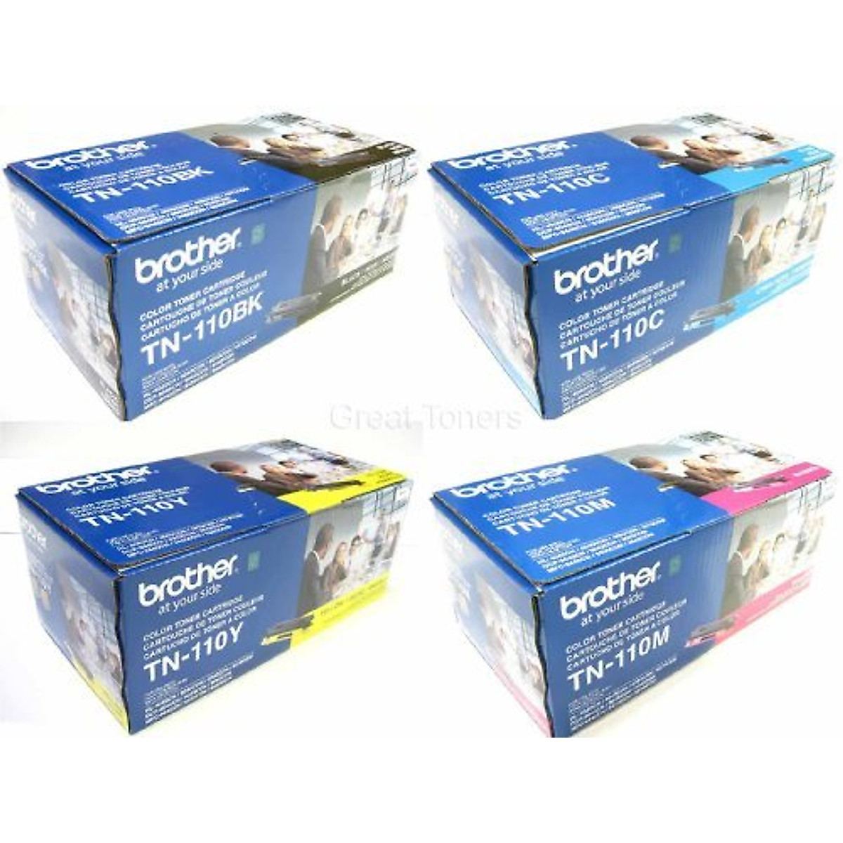 Original Brother TN-110BK, TN-110C, TN-110M, TN-110Y (TN110BK, TN110C, TN110M, TN110Y) 1500~2500 Yield Black, Cyan, Magenta, Yellow Toner Cartridge 4 Pack Set - Retail