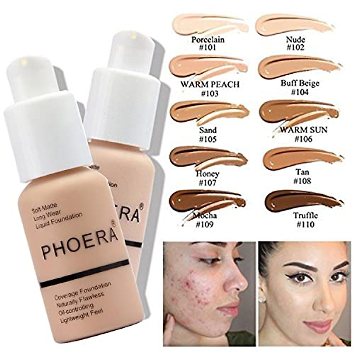 PHOERA Foundation 102 and 103 & Face Primer,Liquid Full Coverage Foundation Set,Foundation Brush Powder Brush,5 Makeup Sponge,30ml PHOERA 24HR Matte Oil Control Concealer (102 Nude + 103 Warm peach)