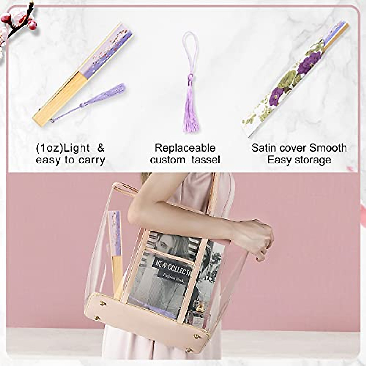 iPihsius Folding Fan, Slik Folding Hand fan with First Layer Bamboo, with Storage Bag, 2Pcs Tassels, For Cooling, Performances, Decorations, Gifts, Classic Ink Plum Gradient Violet