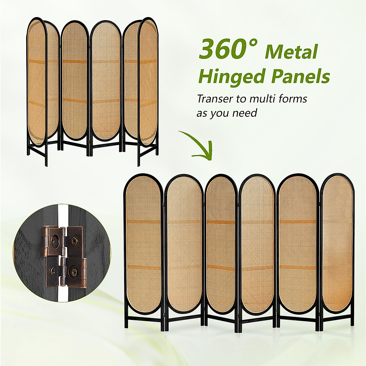 Leesinwing 6 Panels Room Dividers and Folding Privacy Screens, Hand-Woven Rattan Room Divider Wall, Wood Room Divider Freestanding Room Partitions Screen for Home Office Bedroom, Black