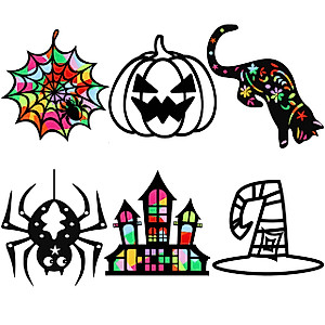 Outus 12 Pieces Halloween Stained Glass Effect Paper Double-Sided Black Suncatcher Kit Pumpkin Suncatchers Craft with 30 Pieces Colored Paper for Window Classroom Art Craft Party Favors, 6 Styles
