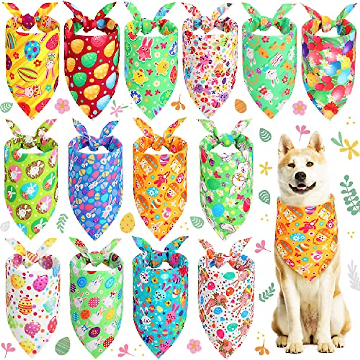 14 Pieces Easter Dog Bandanas Set Egg Bunny Rabbit Triangle Dog Scarf Bib Holiday Seasonal Dog Bandana Washable PET Kerchief Spring Bandana Dog Scarf for Medium to Large Dogs Cats