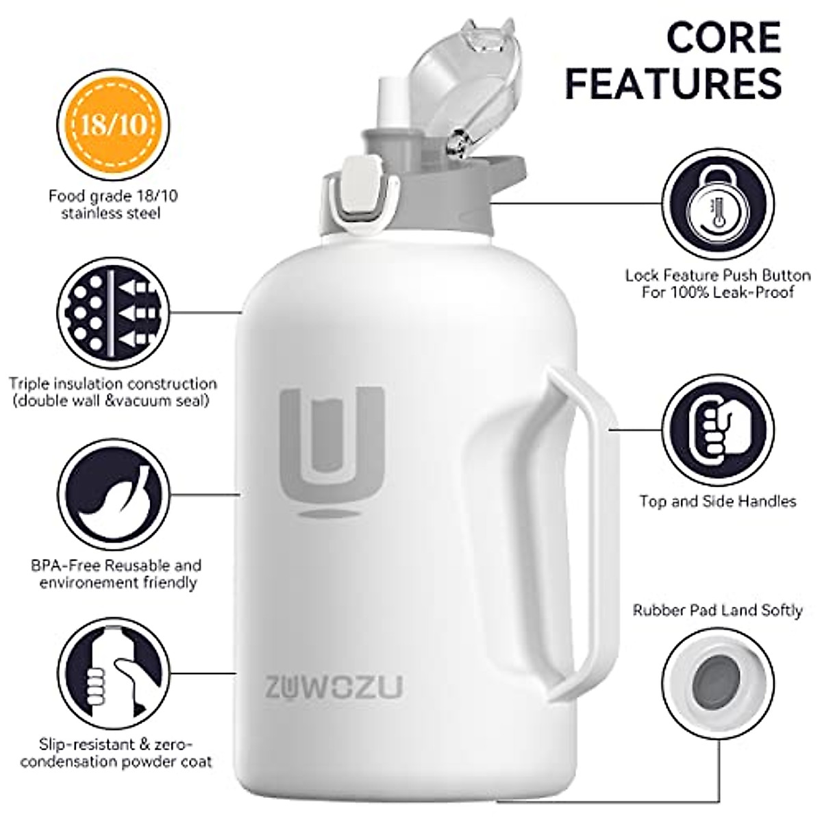 ZUWOZU Half Gallon Water Bottle Insulated,18/10 Stainless Steel,Dishwasher Safe,Double Walled Vacuum,Gallon Water Jug with Straw and Handle,Perfect for Gym,Hot&Cold Drinks (White, 67oz)