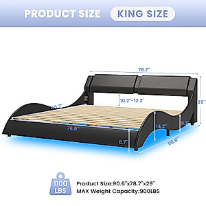 DICTAC King Led Bed Frame Modern Faux Leather Low Profile Platform Bed Frame King Size with RGB LED Lights and Headboard Wave Like Curve King Bed Frame,Wood Slats Support,Easy Assembly,Black