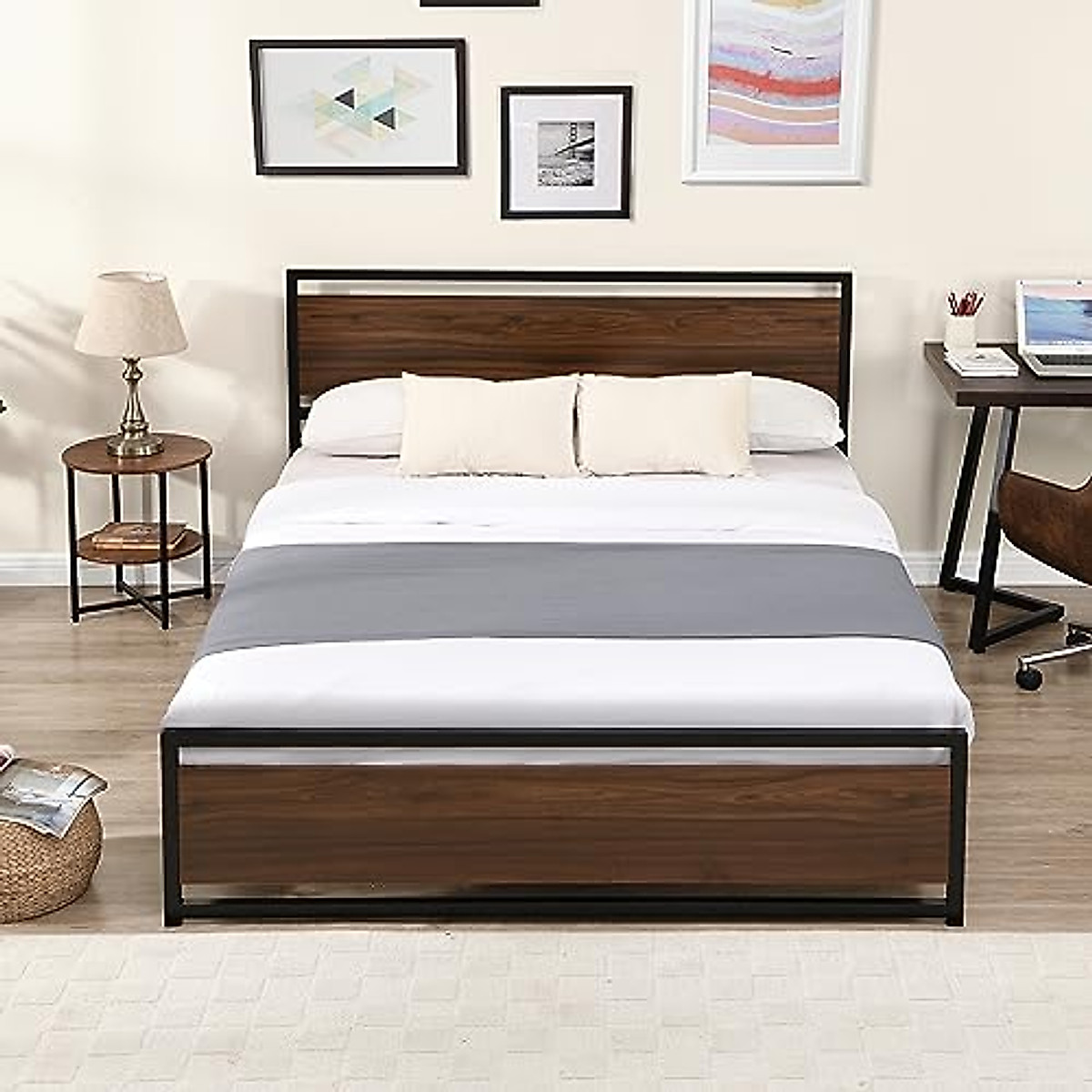 HAUSHECK Queen Size Platform Bed Frame, Industrial Stlye Bed Frames w/Headboard & Footboard, Metal Bedframe No Box Spring Needed w/Strong Steel Slat Support Mattress Foundation for Teen, Adults