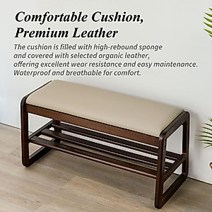 Cttasty Shoe Bench, Entryway Bench with Leather Cushion, Solid Wood Shoe Rack, Mid Century Modern Bench, Shoe Storage, Shoe Organizer for Entryway, (Grey), 21.7 L x 11.8 D x 16.5 H Inches