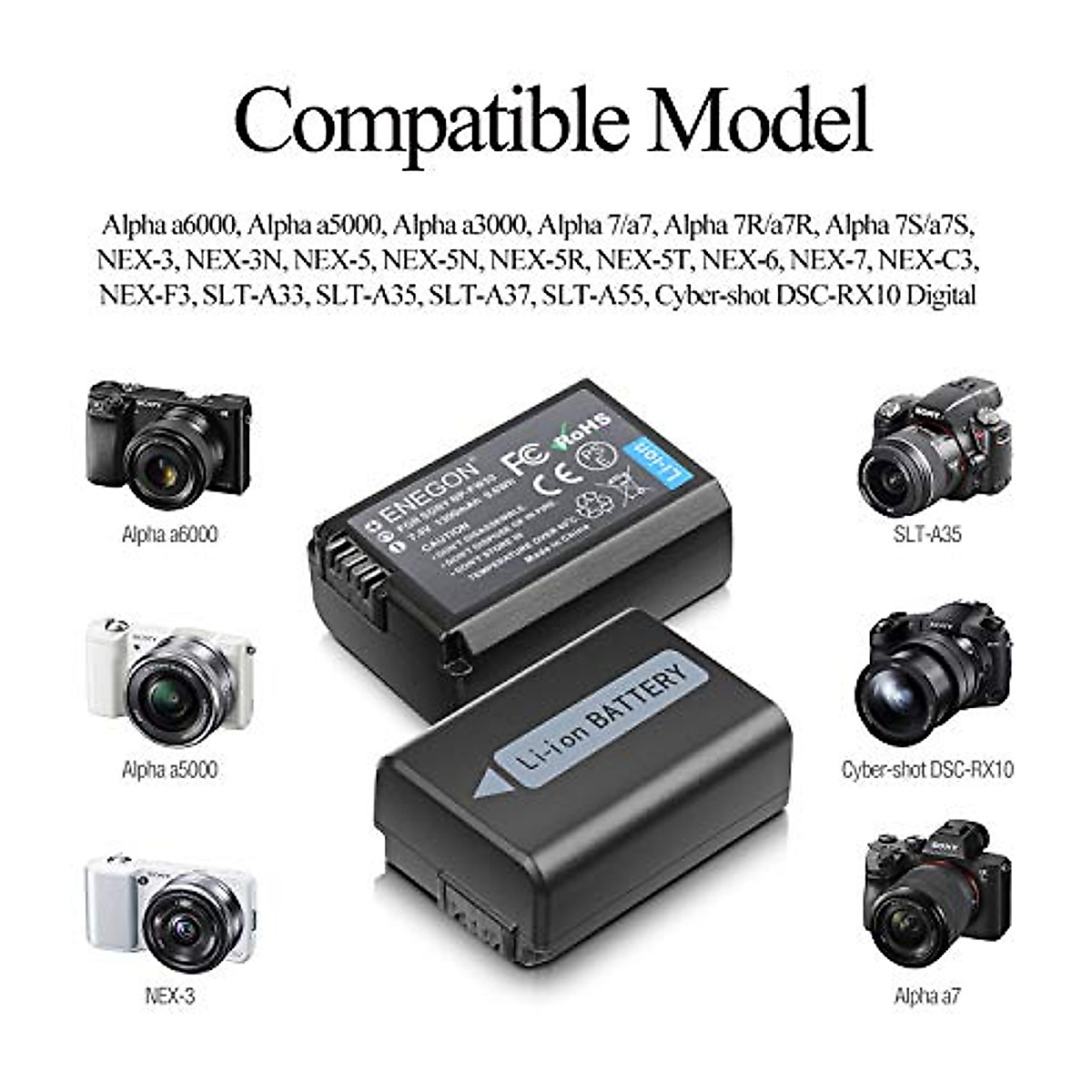 ENEGON NP-FW50 Battery (2-Pack,1300mAh) and Dual Charger for Sony A6000, A6400, A6300, A6500, A7, A7II, A7RII, A7SII, A7S, A7S2, A7R, A7R2, A55, A5100, RX10 Accessories